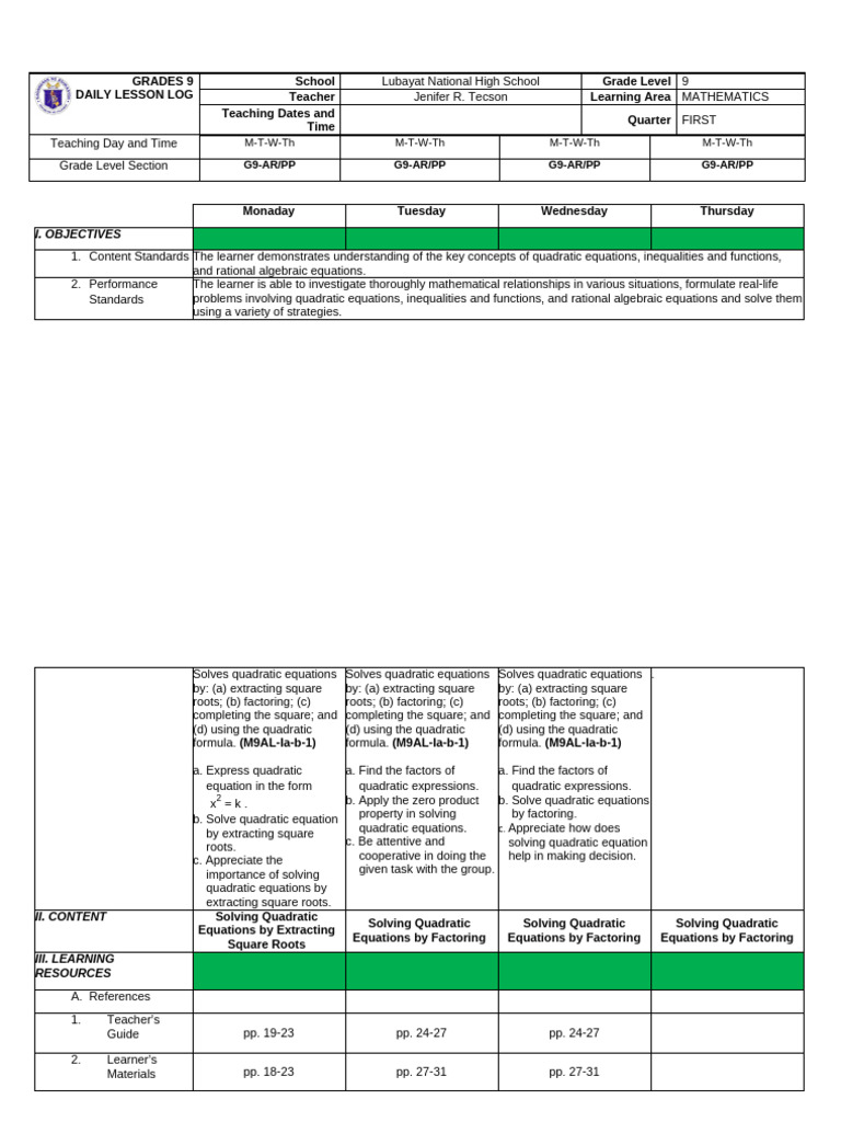 Grade 9 Math: Quadratic Equations Guide | PDF | Factorization ...