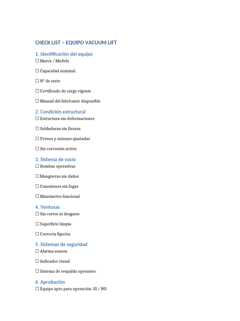 Checklist Vacuum Lift | PDF