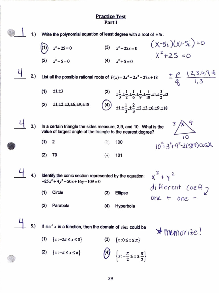 Pre Calc Practice Test Key | PDF | Asymptote | Analytic Geometry
