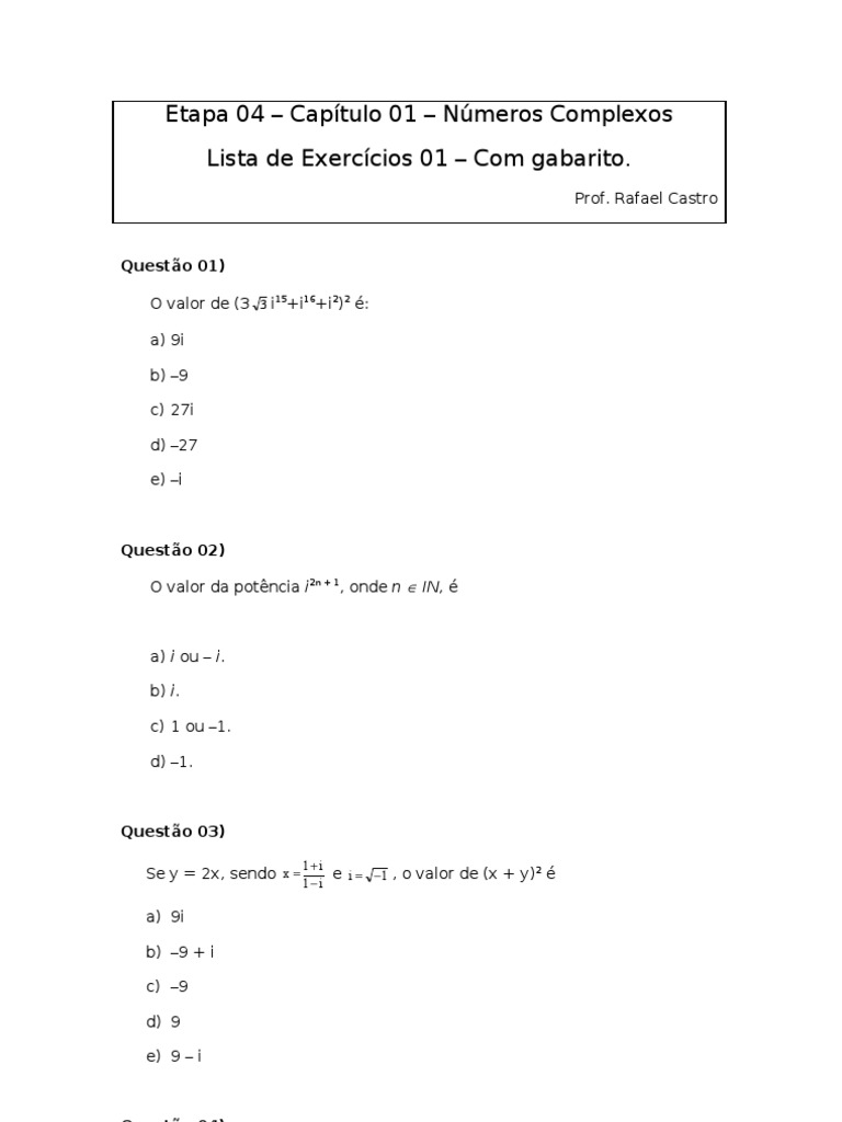 Exercícios de Números Complexos | PDF | Jogos e Atividades