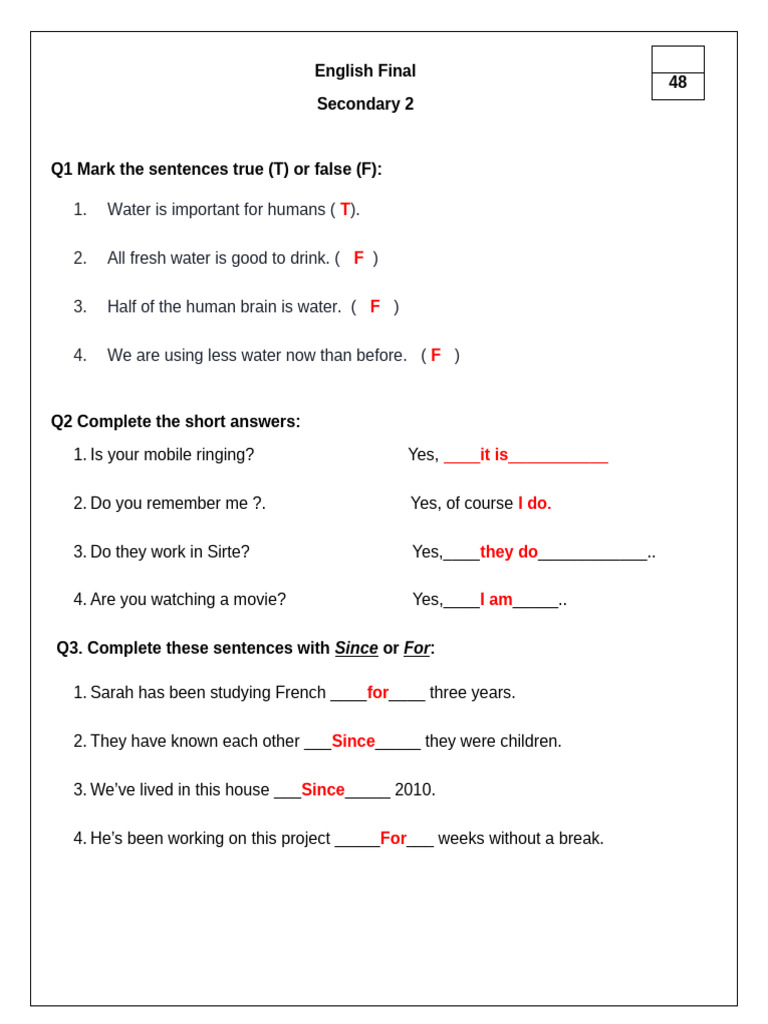 English Final Exam for Secondary 2 | PDF | Verb | Grammar