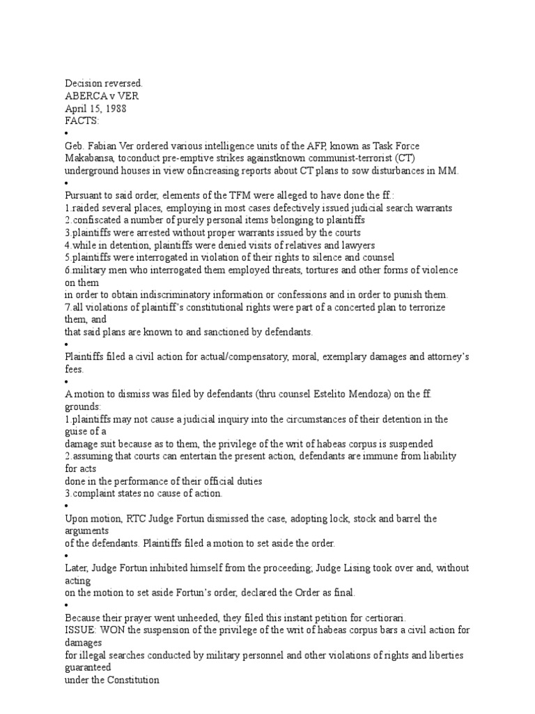 Aberca V Ver - Case Digest - P | PDF | Habeas Corpus | Writ