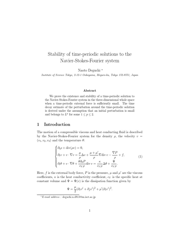 Stability of time-periodic solutions to the Navier-Stokes-Fourier system | PDF | Distribution ...