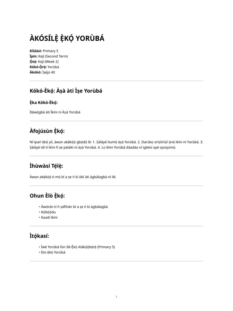 Primary 5 Yoruba Lesson Note – 2nd Term, Week 2 | PDF