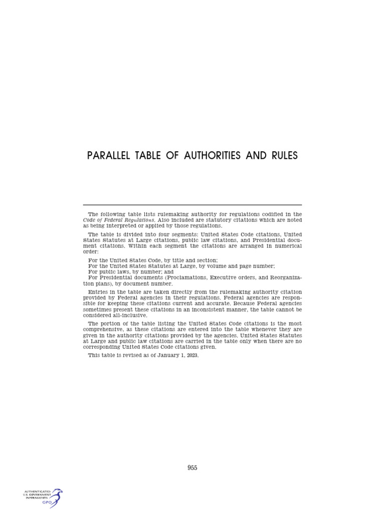 Federal Regulations Authority Table | PDF | United States Code | Code ...
