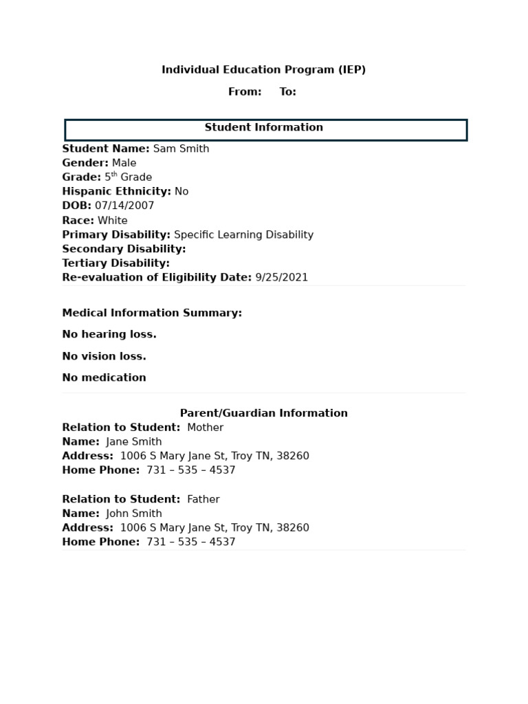 IEP Overview for Sam Smith, 5th Grade | PDF | Individualized Education ...
