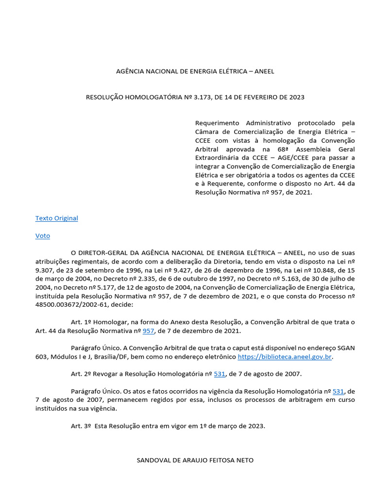 RESOLUÇÃO HOMOLOGATÓRIA Nº 3.173, DE 14 DE FEVEREIRO DE 2023 | PDF ...