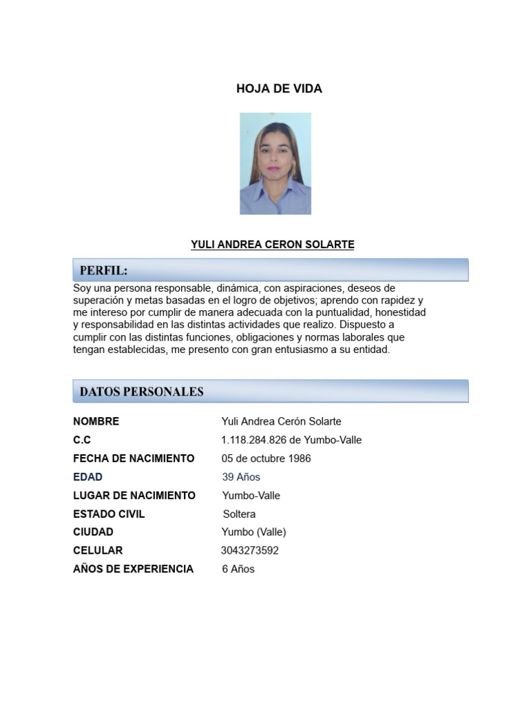 Hoja de Vida de Yuli Cerón Solarte | PDF