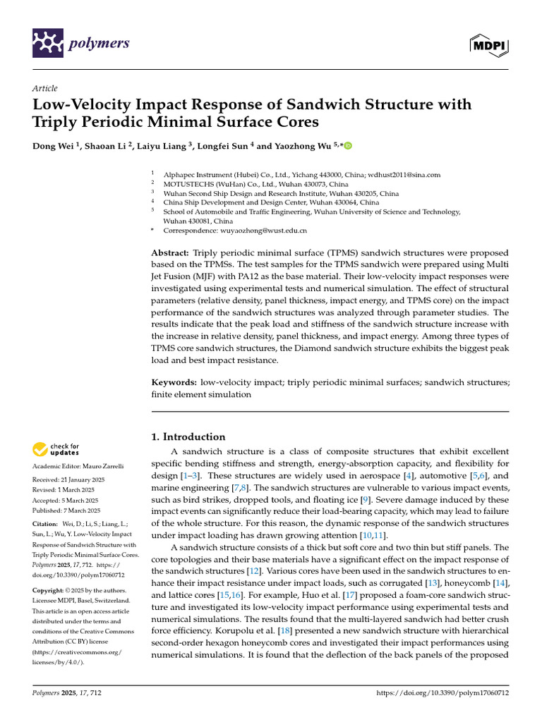 Low-Velocity Impact Response of Sandwich Structure with Triply Periodic ...
