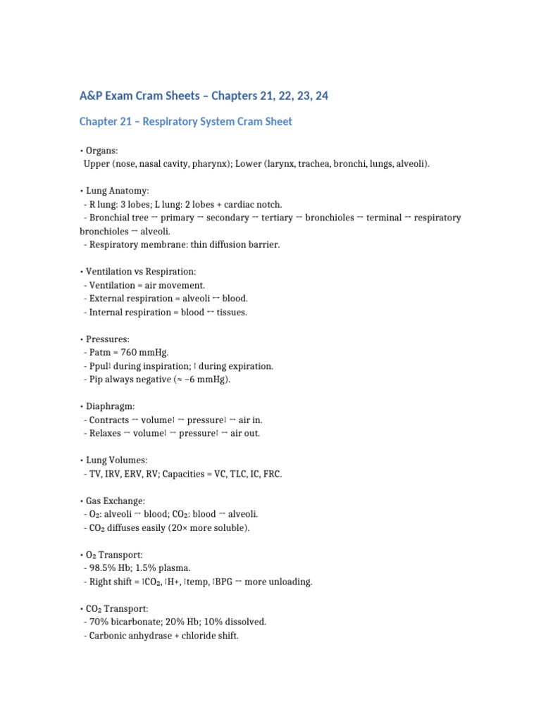 A&P_Cram_Sheets_AllChapters | PDF | Respiratory System | Lung
