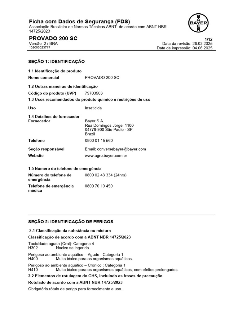 PROVADO BAYER | PDF | Toxicidade | Roupas