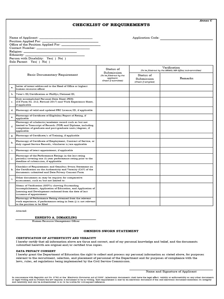 Checklis of Requirements Omnibus for Teacher 1 2025 | PDF | Authentication