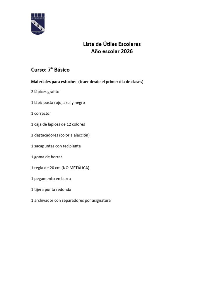 Séptimo Básico Lista de Útiles Escolares 2026docx | PDF | Materiales de Conservación y ...