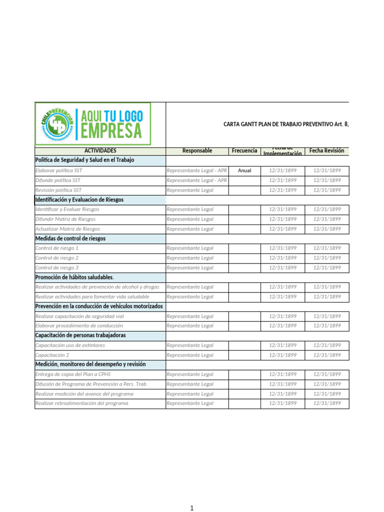 Carta Gantt Plan de Programa de Trabajo Preventivo Ds 44 | PDF