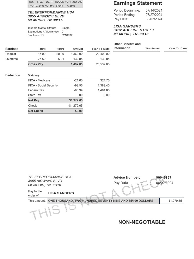 Earnings Statement for Lisa Sanders | PDF