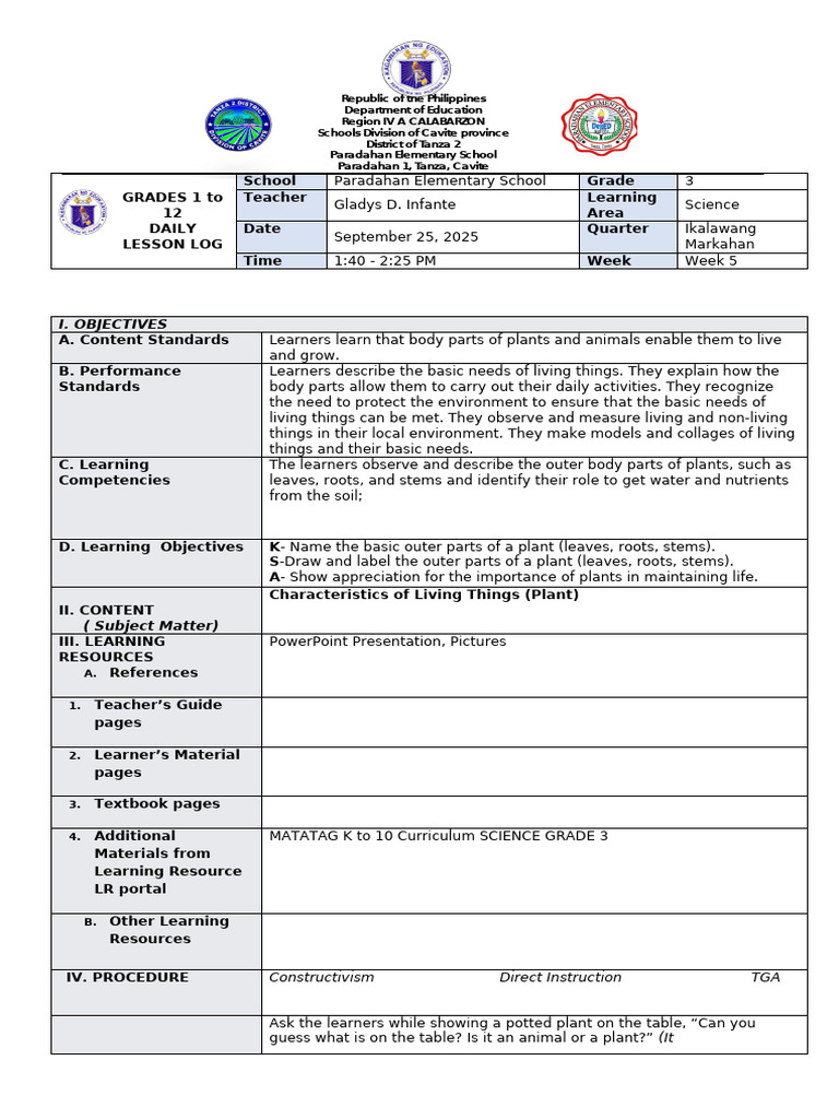 Grade 3 Science Lesson Plan on Plants | PDF | Learning | Leaf