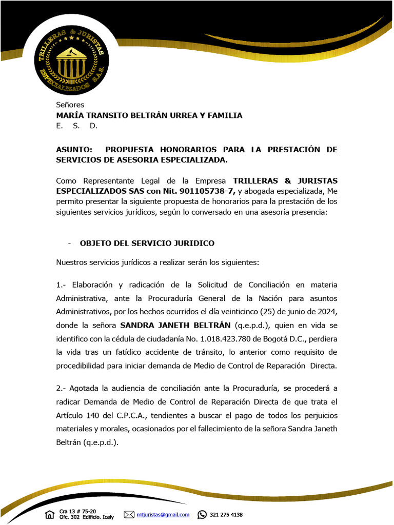 Propuesta Prestacion de Servicios Demanda de Reparacion Directa | PDF