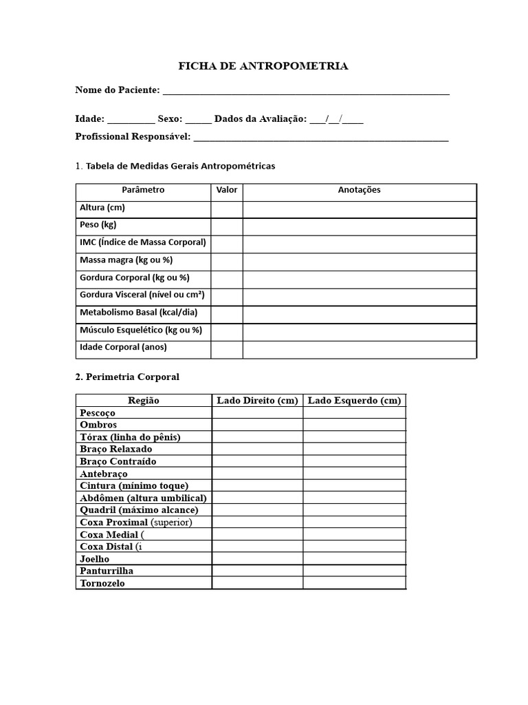 Ficha de Antropometria | PDF | Joelho | Índice de massa corporal