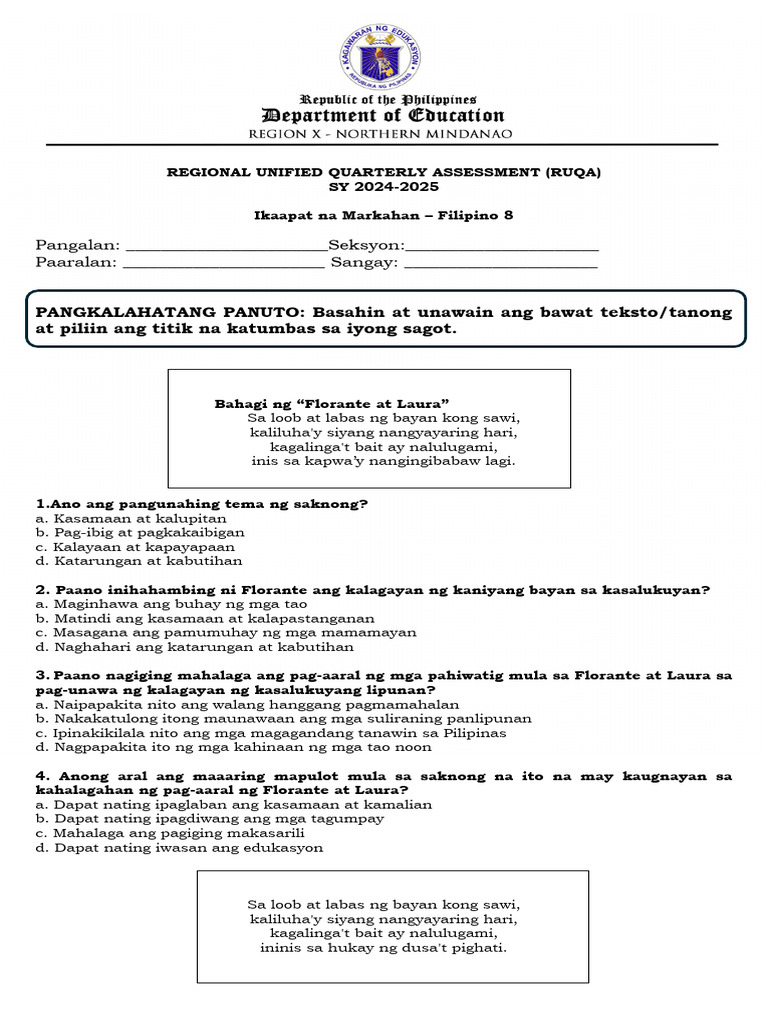 Filipino 8 4th Quarter Ruqa | PDF