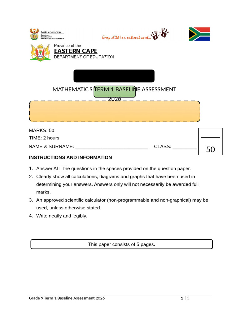 Grade 9 Math Baseline Assessment 2026 | PDF | Percentage | Mathematics