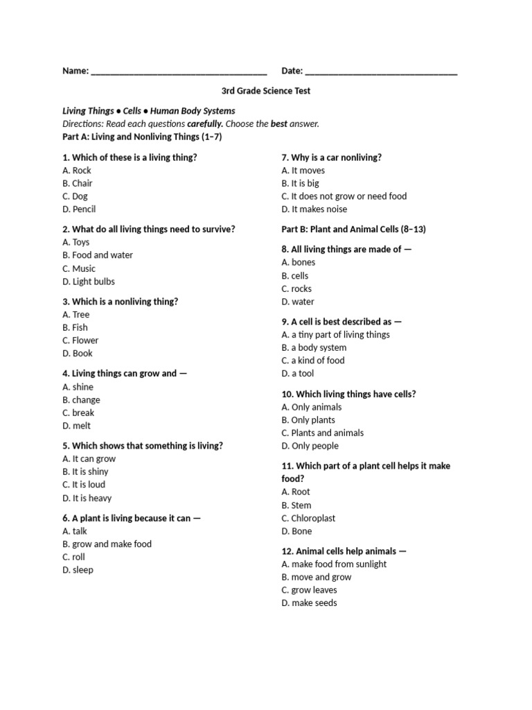 3rd Grade Science Test: Living Things & Cells | PDF | Plants | Skeleton