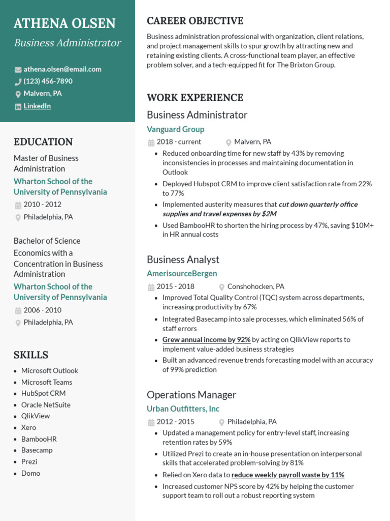 Business Administrator Resume of Athena Olsen | PDF | Customer ...