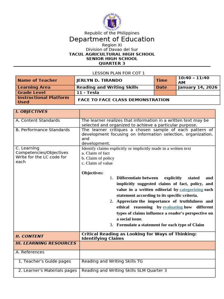 Senior High Lesson Plan: Claims Analysis | PDF | Learning | Literacy