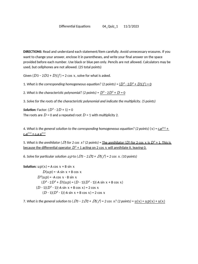 Differential Equations Quiz Solutions | PDF