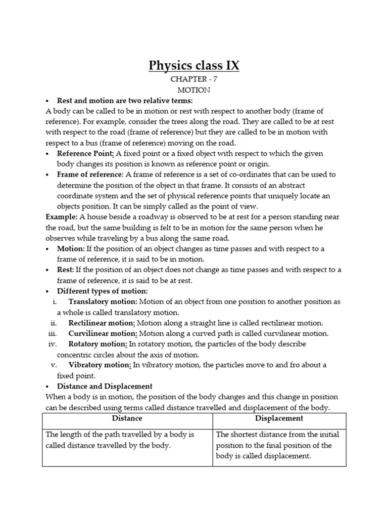 Physics Class IX Notes | PDF | Velocity | Force