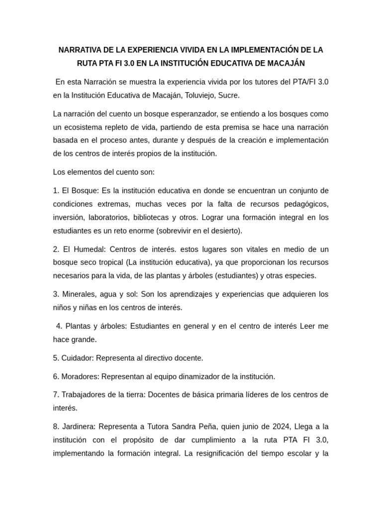 NARRATIVA DE LA EXPERIENCIA VIVIDA EN LA IMPLEMENTACIÓN DE LA RUTA PTA FI 3 | PDF | Los bosques ...