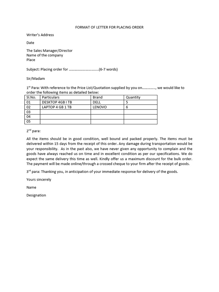 Order Placement Letter Template | PDF