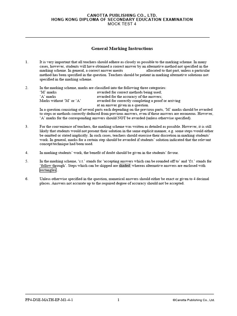 DSE Mathematics Mock Test 4 Marking Scheme | PDF | Mathematics