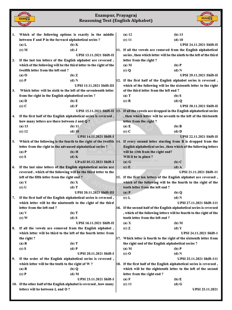 English Alphabet Reasoning Questions | PDF | Alphabet | Chess Theory