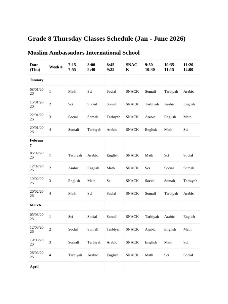 Grade 8 Thursday Classes Schedule (Jan - June 2026 | PDF
