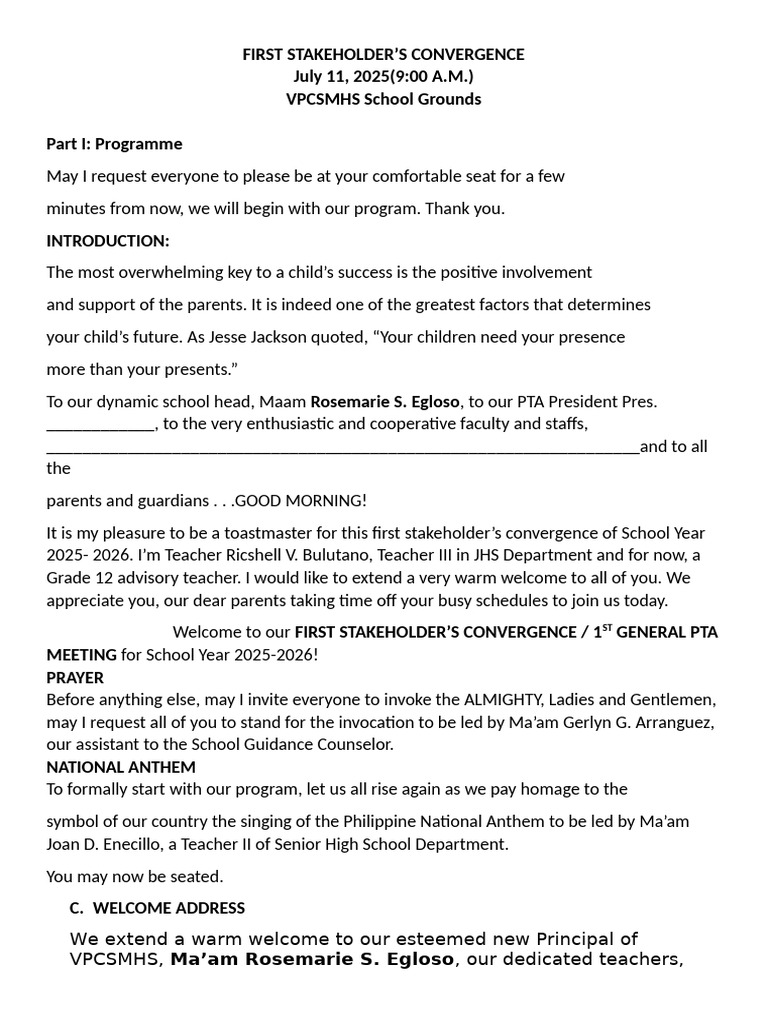 Emcee Script For General Assembly | PDF