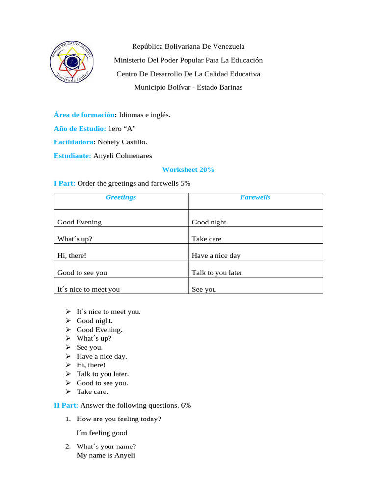 Worksheet_Greetings and Farewells Anyeli Colmenares | PDF