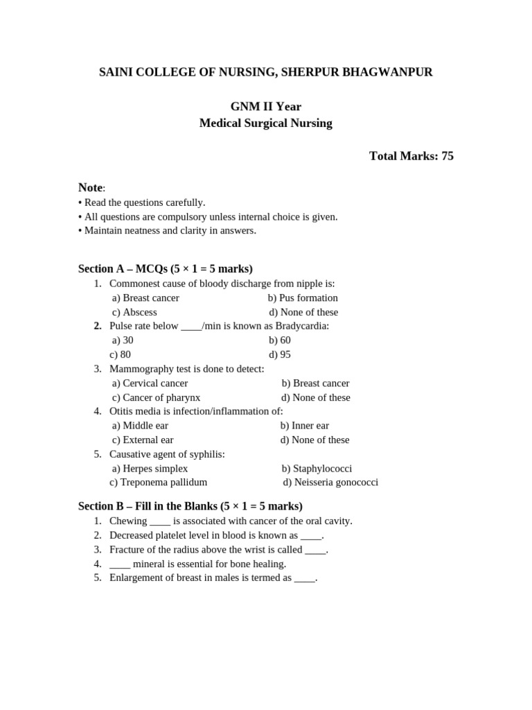 Medical Surgical Nursing Exam Paper | PDF | Cancer | Breast Cancer