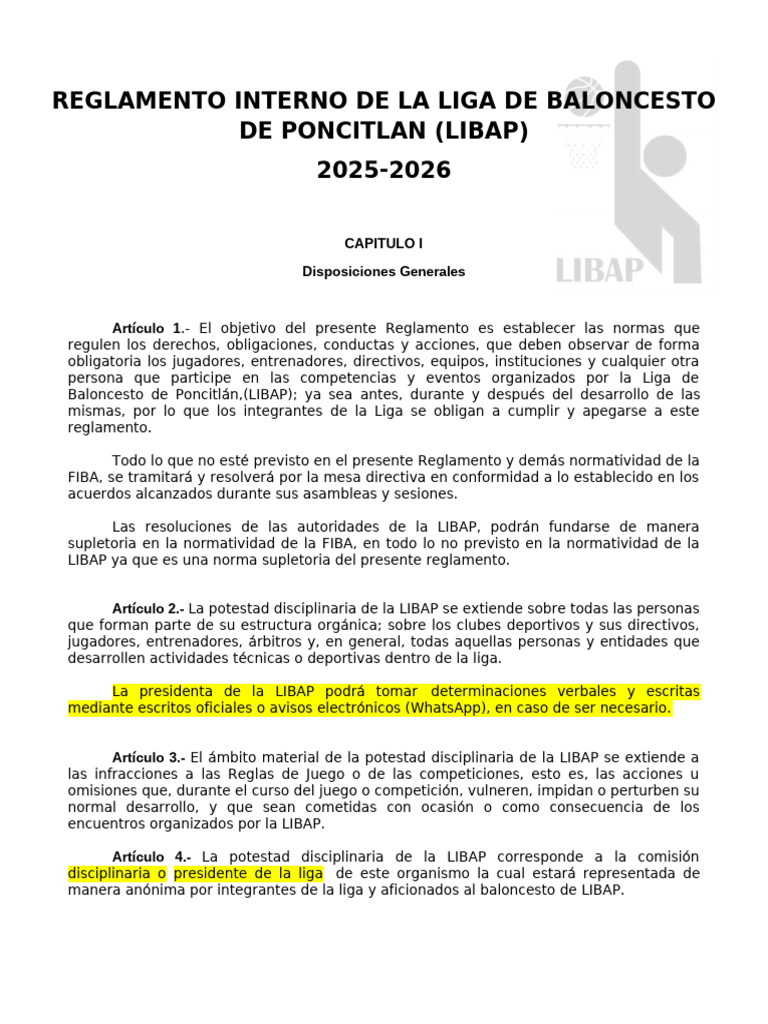 REGLAMENTO LA LIGA DE BALONCESTO DE PONCITLAN LIBAP OFICIAL 2026 | PDF ...