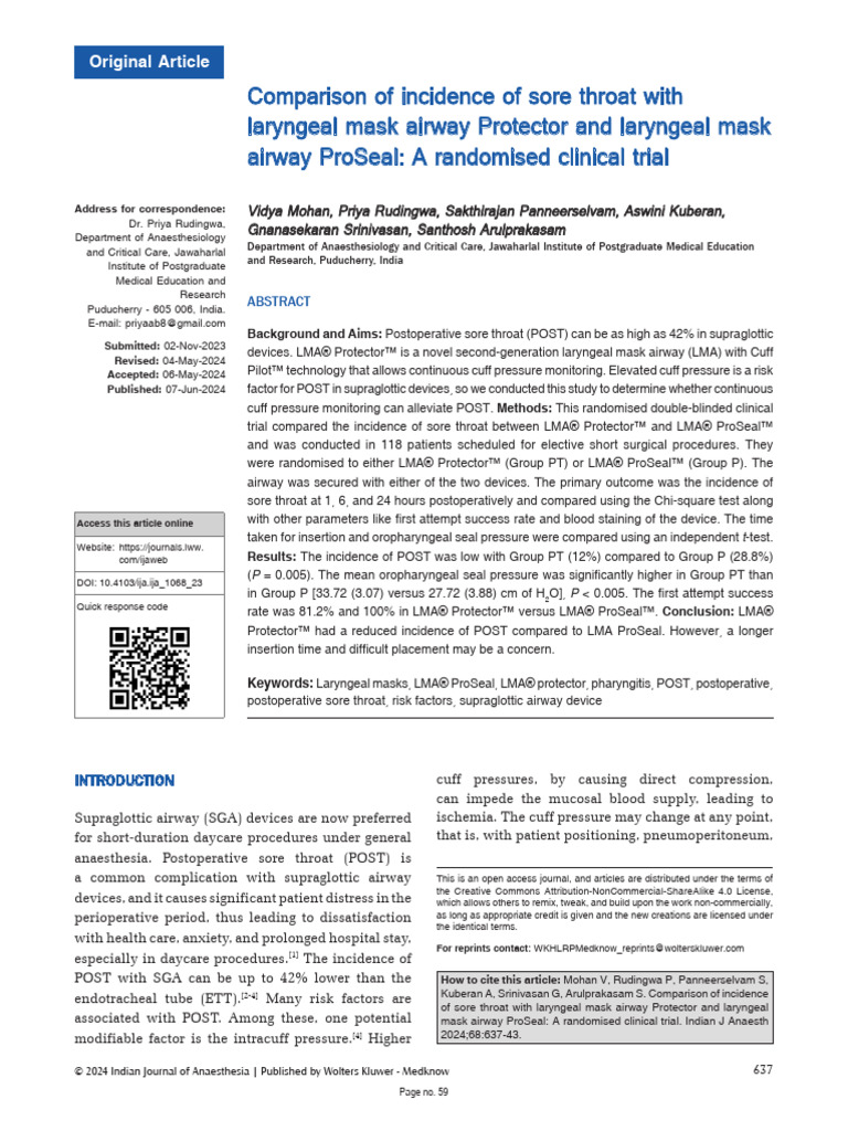 Sore Throat Incidence: LMA Protector vs ProSeal | PDF | Anesthesia ...