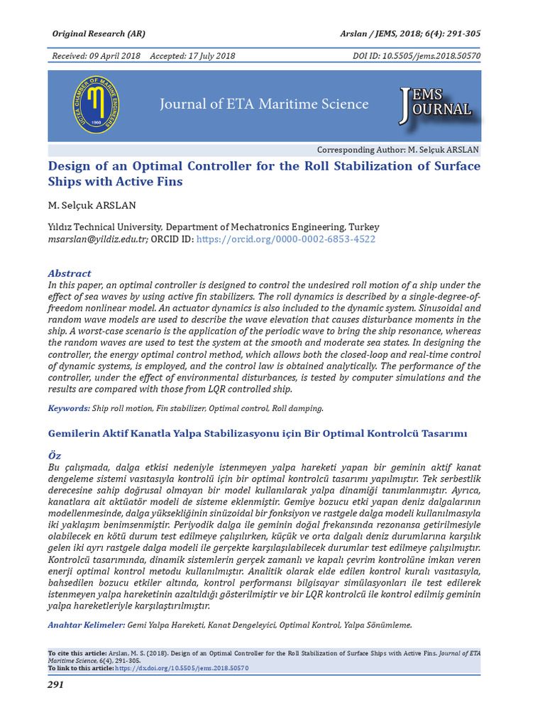 Design of an Optimal Controller for the Roll Stabi | PDF | Control Theory | Waves