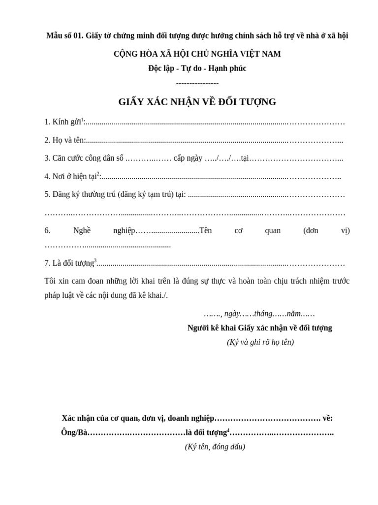 2. Mau So 01 Xac Nhan Doi Tuong TT 05 2024 | PDF