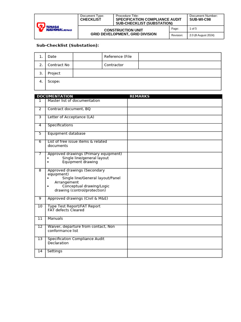 Substation Specification Compliance Checklist | PDF | Specification ...