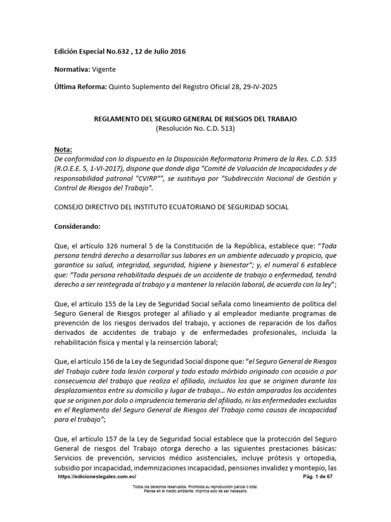 REGLAMENTO DEL SEGURO GENERAL DE RIESGOS DEL TRABAJO | PDF | Derecho ...