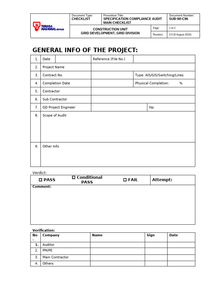 SUB-WI-C96 - Specification Compliance Audit Main Checklist (1) | PDF ...