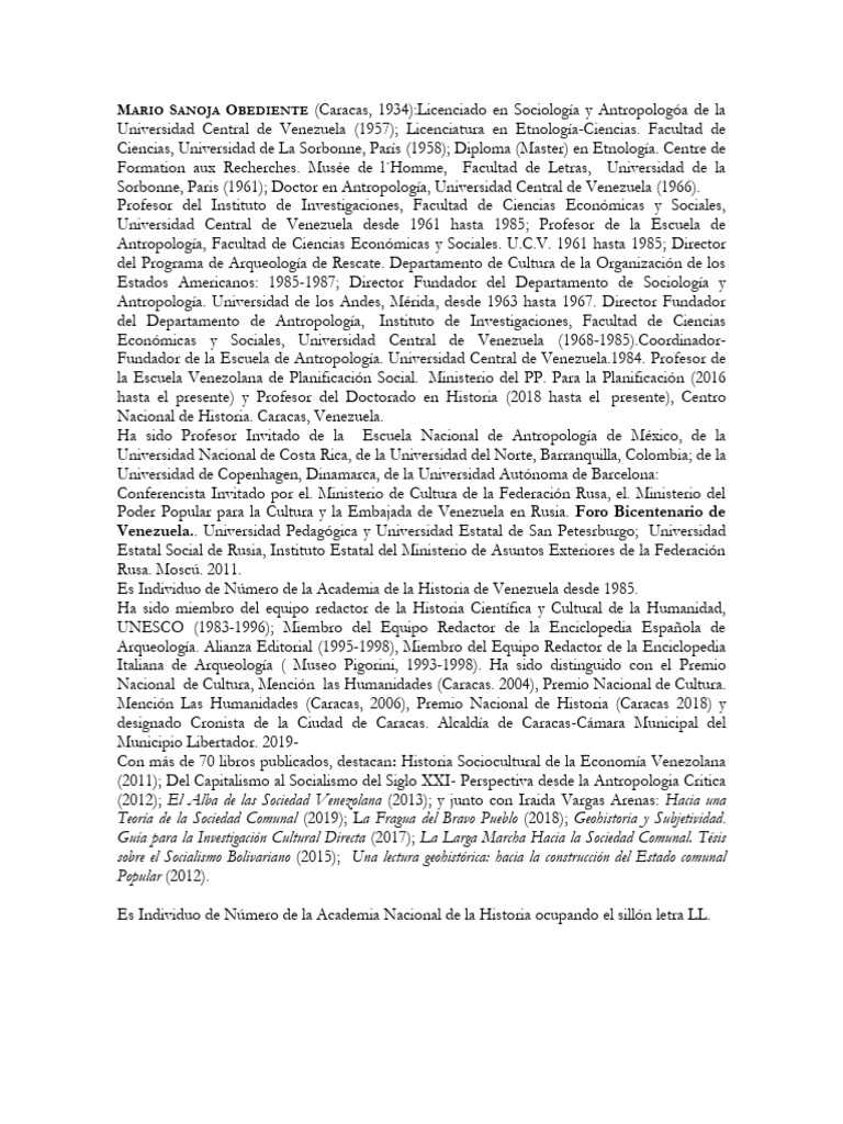 CV Resumido Mario-Sanoja | PDF | Venezuela | Universidad
