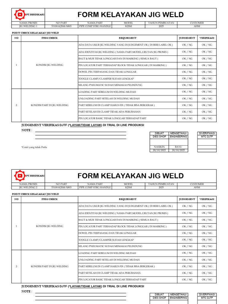 Form Kelayakan Jig Weld 2025 | PDF