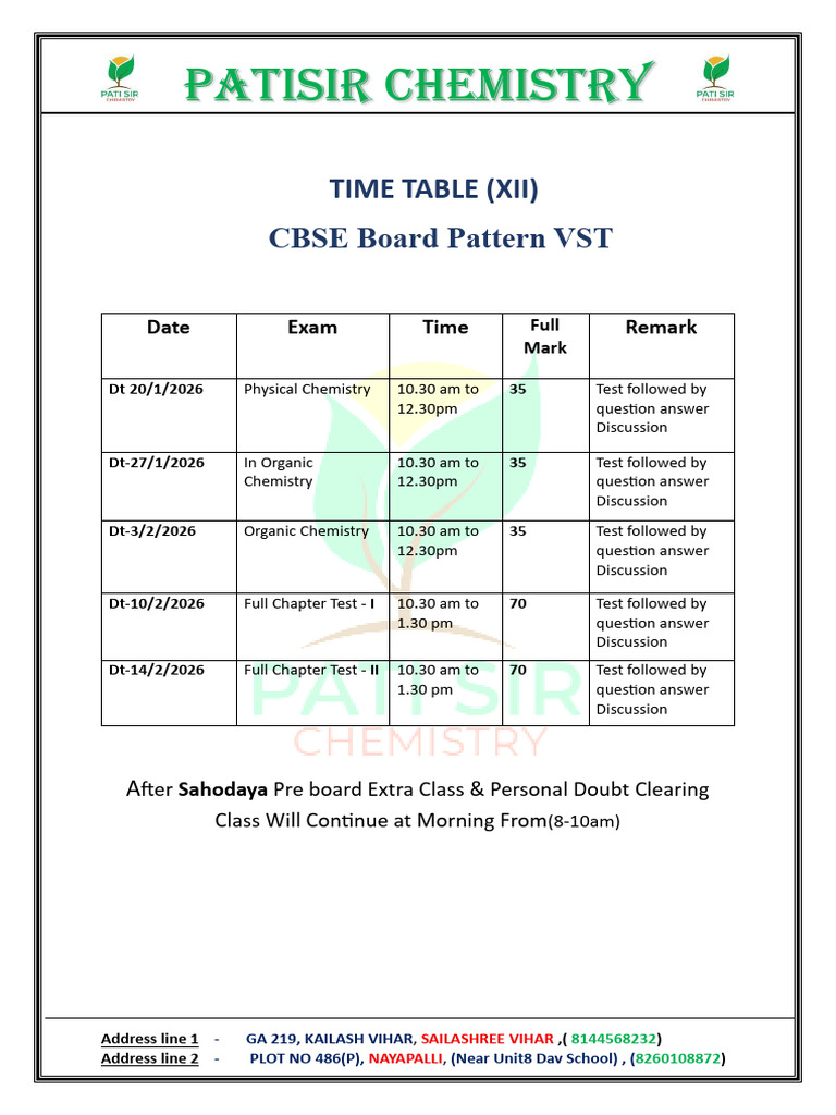 XII CBSE Chemistry Exam Schedule | PDF