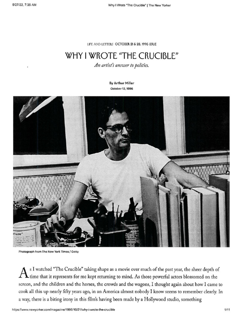 Why I Wrote The Crucible by Arthur Miller | PDF