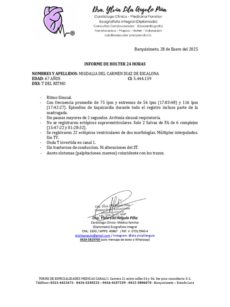 Informe de Holter Migdalia Del Carmen Diaz de Escalona | PDF