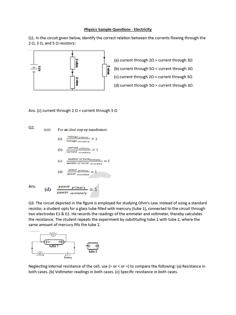 Physics Sample Questions Current - (0) - 1 | PDF | Electronics ...